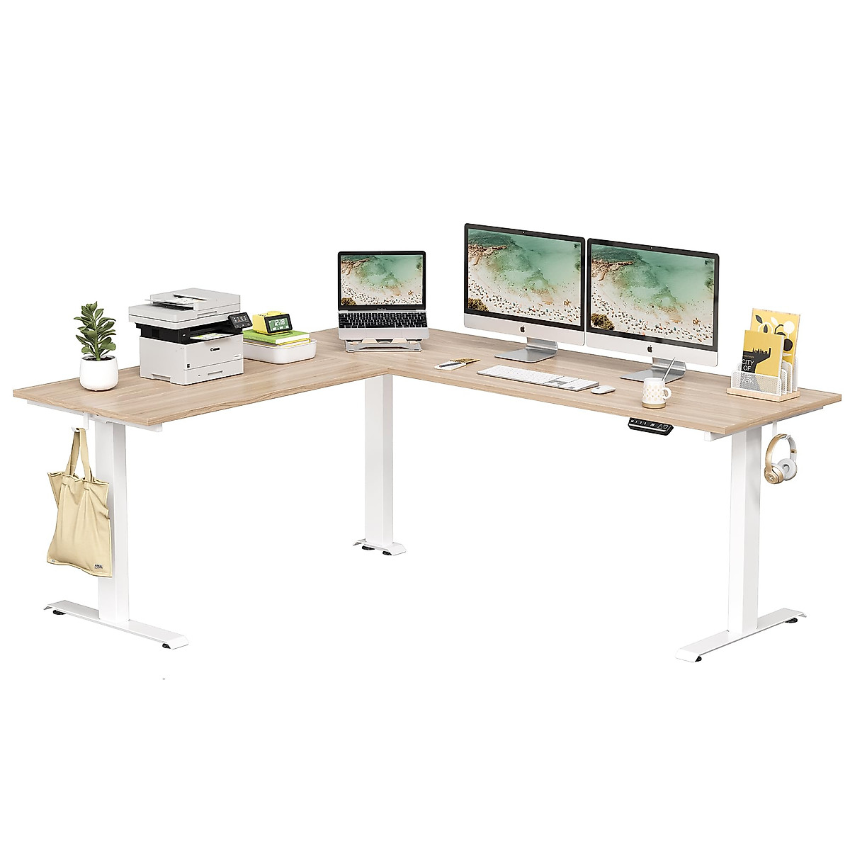 FEZIBO 75 Inches Triple Motor L Shaped Standing Desk Reversible, Electric Height Adjustable Corner Stand up Desk, Sit Stand Desk Computer Workstation, White Frame/Light Walnut Top