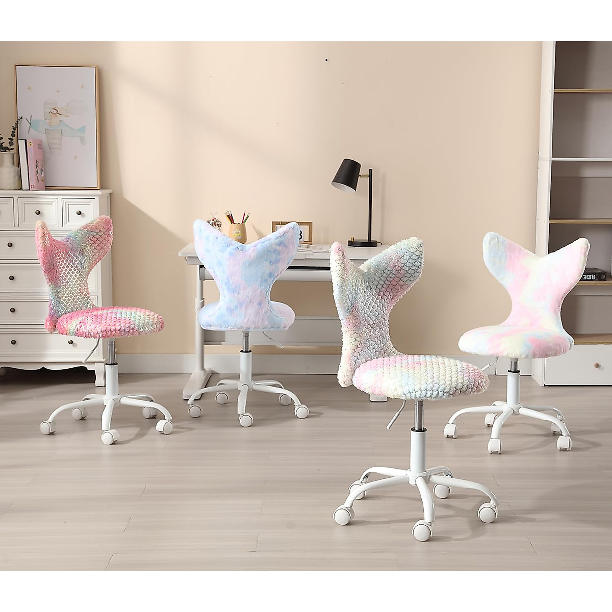 ZH4YOU Cute Kids Desk Chair, Soft Fuzzy Computer Chair for Girls Teen Reading Study Adjustable Swivel Rolling Task Chair Vanity Chair with Little Mermaid Sparkling Back(Pink Rainbow)