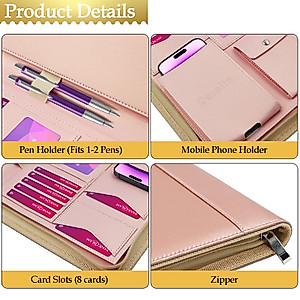 Darolin [Zippered] Portfolio Padfolio Organizer Binder with Clipboard, Leather Business Interview Resume Document Holder Folder Planner Organizer for Office Conference Notepad Bag for Women - RoseGold