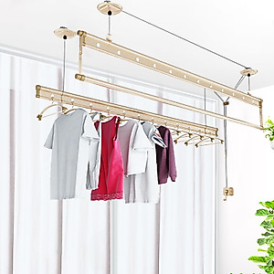 ZGGJZKV Ceiling Mounted Type Drying Clothes Rack for Home, Balcony Hand Cranked Lifting Airer, 78.8 Inches Long Three Poles Aluminium Alloy Clothing Dryer, Champagne Gold
