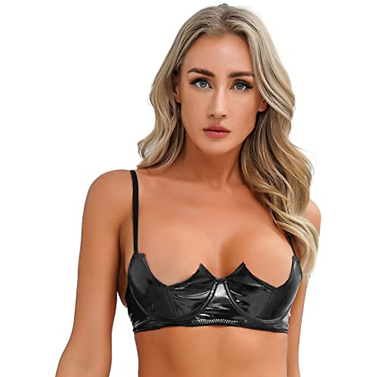 Yanarno Womens Sexy PVC Leather Mini Bra Top Clubwear Hollow Out 1/2 Cup Latex Sleeveles Vest Tops Black Medium