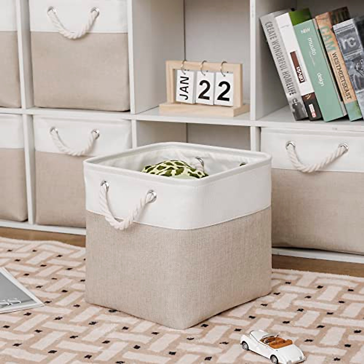MidmmVick 11 x 11 Inch Cube Storage Bins, 6 Pack Large Collapsible Fabric Storage Bin with Ropes, Foldable Storage Cubes for Home, Office,Closet, Clothes, Toys Organizer (White & Beige-11"x11"x11")