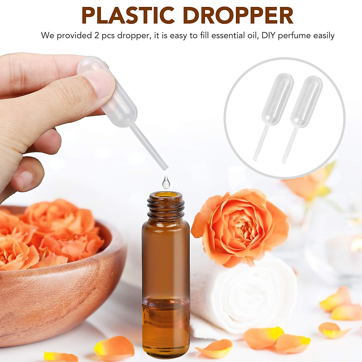 LotFancy Essential Oil Roller Bottles, 6pc 10ml Amber Glass Bottle with Stainless Steel Roller Balls and Caps, Leakproof Perfume Bottles for Travel, Includes 2pc 4ml Droppers