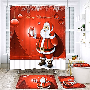 BLEUM CADE 4 Pcs Merry Christmas Shower Curtain Sets with Non-Slip Rugs, Toilet Lid Cover, Bath Mat and 12 Hooks Santa Xmas Tree Ball Snowflake Waterproof Shower Curtain for Christmas Decoration