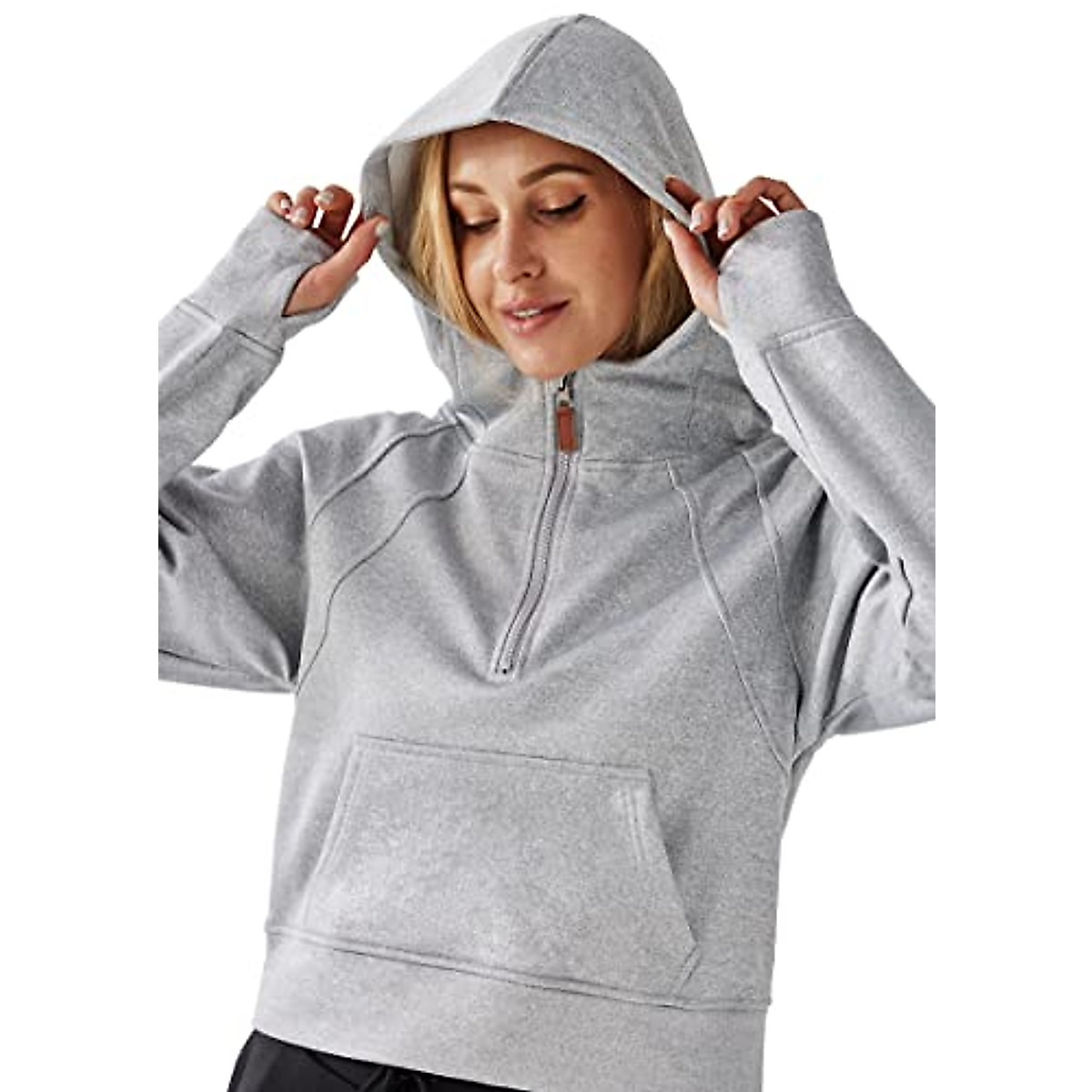 URBEST Women's Hoodies Fleece Lined Collar Pullover Half Zipper Sweatshirts Long Sleeve Crop Sweater Tops with Thumb Hole LIGHT GREY S