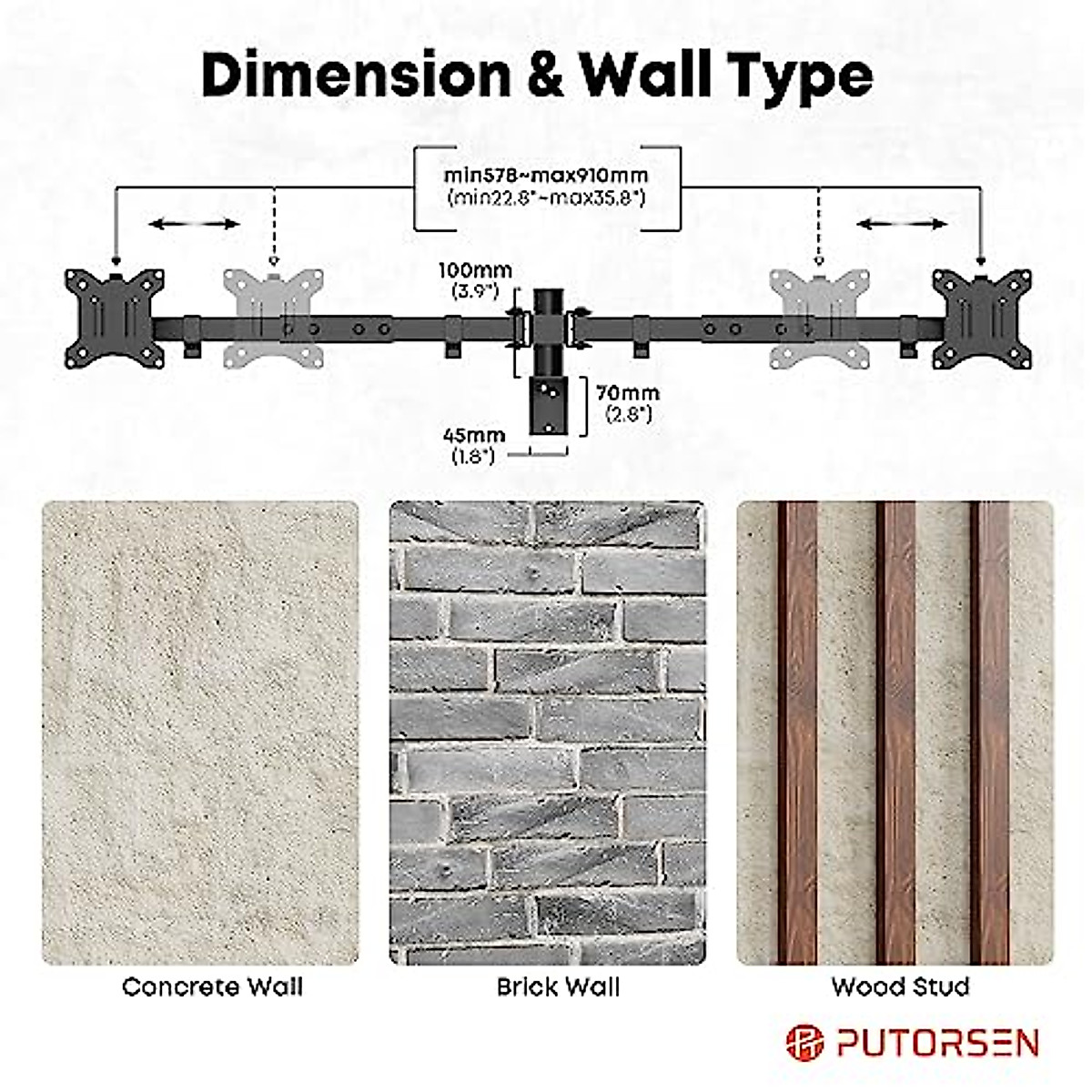 PUTORSEN Ultra Wide 24-38 Inch Dual Monitor Wall Mount, Full Motion Dual Wall Mount Monitor Arm Holds up to 22lbs, Double Computer Monitor Wall Mount for Most LED LCD Screens, VESA 75/100mm, Black