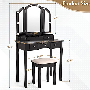 Makeup Vanity with Lights Tri-Folding Mirror,Vanity Desk with Mirror and Lights,5 Drawers,Vanity with Lighted Mirror Makeup Vanity Table Set (Black)