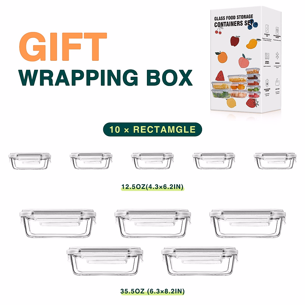 Glotoch 10 Pack Glass Food Storage Containers with Lids Reusable, Ultra Thick Borosilicate Glass Containers for Meal Prep/Lunch, Dishwasher/Microwave/Oven/Freezer Safe, Grey