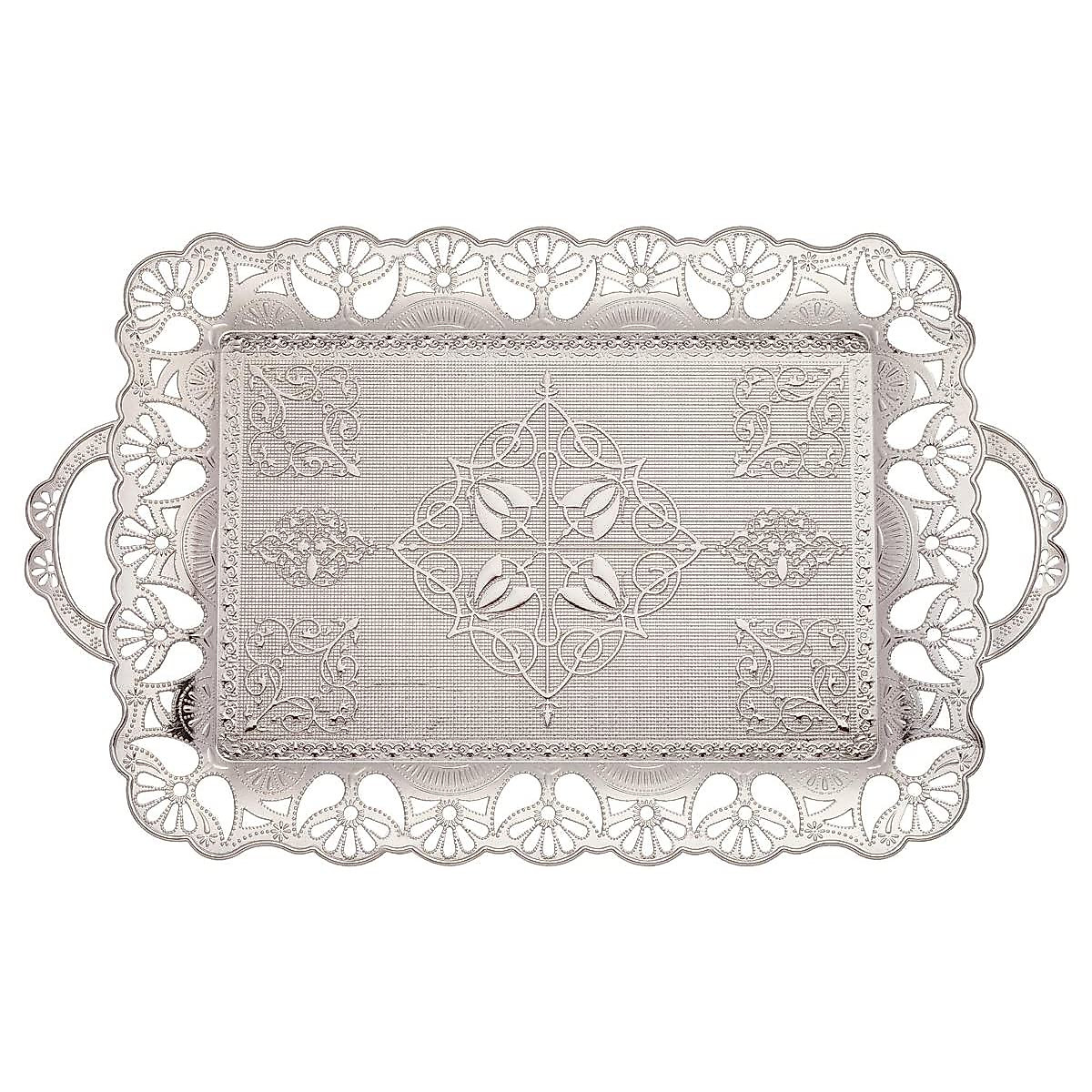 Alisveristime Handcrafted Large Turkish Ottoman Serving Tray with Floral Edges and Handles, Made from Zamac, Multi-Color Options (18.9" L x 12" W x 0.78" H) (Silver)