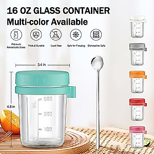 Tekuve Overnight Oats Containers with Lids and Spoon 2 Pack, Glass 16 oz Mason Jars with Airtight Lid for Overnight Oats Meal Prep Chia Yogurt Salad Fruit Red Orange