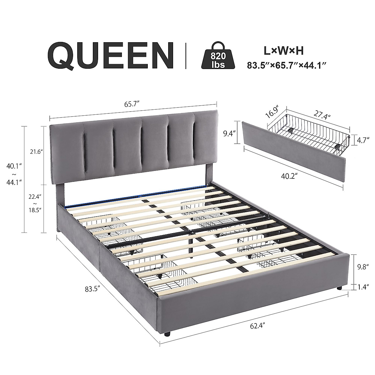 VECELO Queen Upholstered Bed Frame with 4 Storage Drawers and Adjustable Velvet Headboard, Heavy-Duty Platform bedframe, No Box Spring Needed, Grey