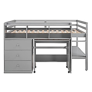Wooden Full Size Bed Frame Full Size Low Loft Bed with Rolling Portable Desk, Drawers and Shelves, Gray