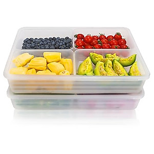 Sousnous Divided Serving Tray with lid, 14 inch Veggie Tray Snack Container Snackle Box Charcuterie Board, 4 Compartment Salad Bar Meat Keeper Food Storage Containers, Clear