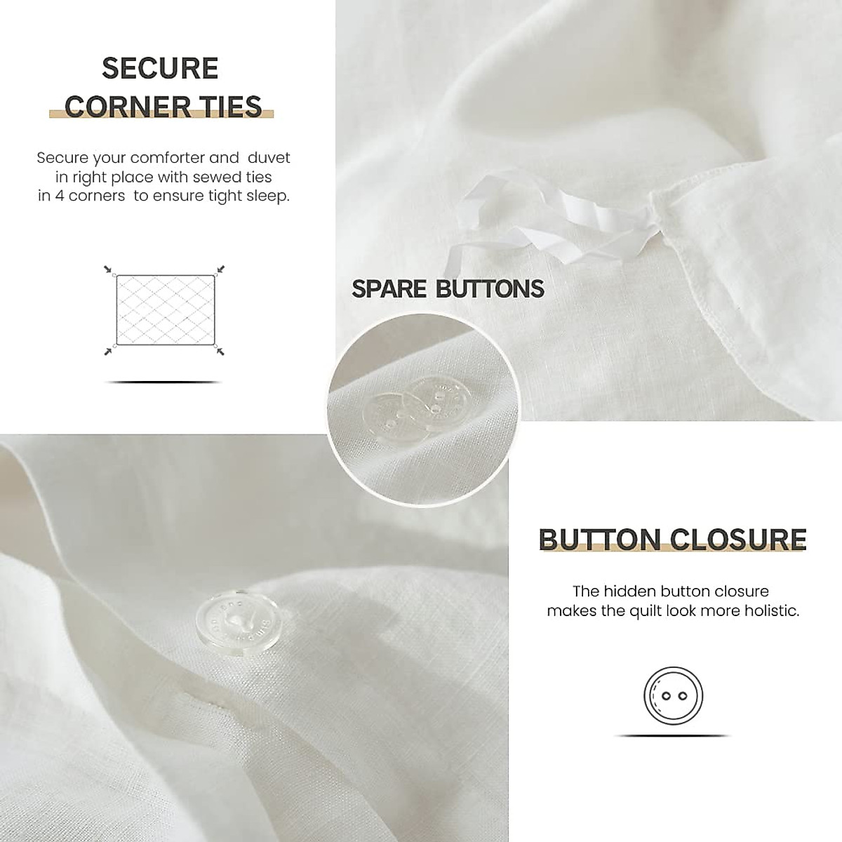 Simple&Opulence 100% Linen Duvet Cover Set 3pcs Basic Style Natural French Washed Flax Solid Color Soft Breathable Farmhouse Bedding with Button Closure - White, Queen