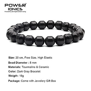 Power Ionics Black Tourmaline Bracelet Protection Bracelet Women Bracelets Healing Bracelets for Women, 0.3 inch Dark Gray Beaded Bracelets 7.7 inch High Elastic Size