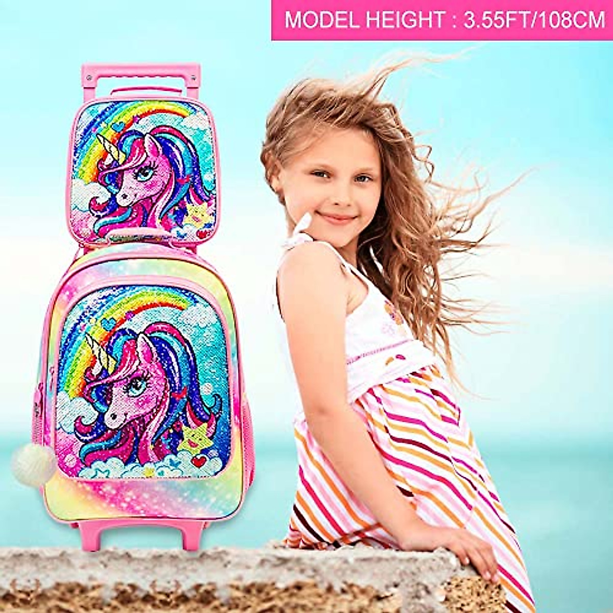 TXHVO 3PCS Rolling Backpack for Girls, Kids Rainbow Unicorn Bookbag with Roller Wheels, Cute Suitcase School Bag Set for Elementary Toddler