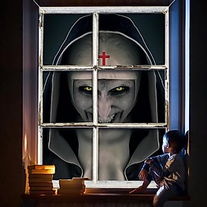 Halloween Window Cover Decorations, Fabric The Nun Creepy Halloween Curtain Horror Movie Poster Window Door Covering Decor for Haunted House, Scary Halloween Window Clings Decals Indoor Outdoor