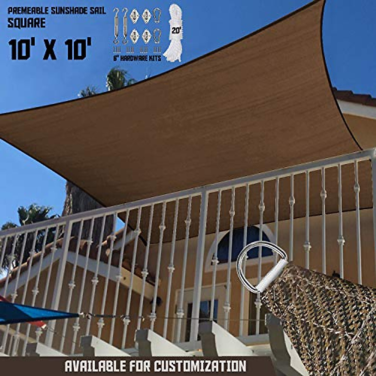 TANG Sunshades Depot 10'x10' Brown Sun Shade Sail with 6" in Hardware Kit 180 GSM Square U*V Block Durable Fabric Outdoor Canopy Patio Garden Yard Pergola Kindergarten Playground Custom