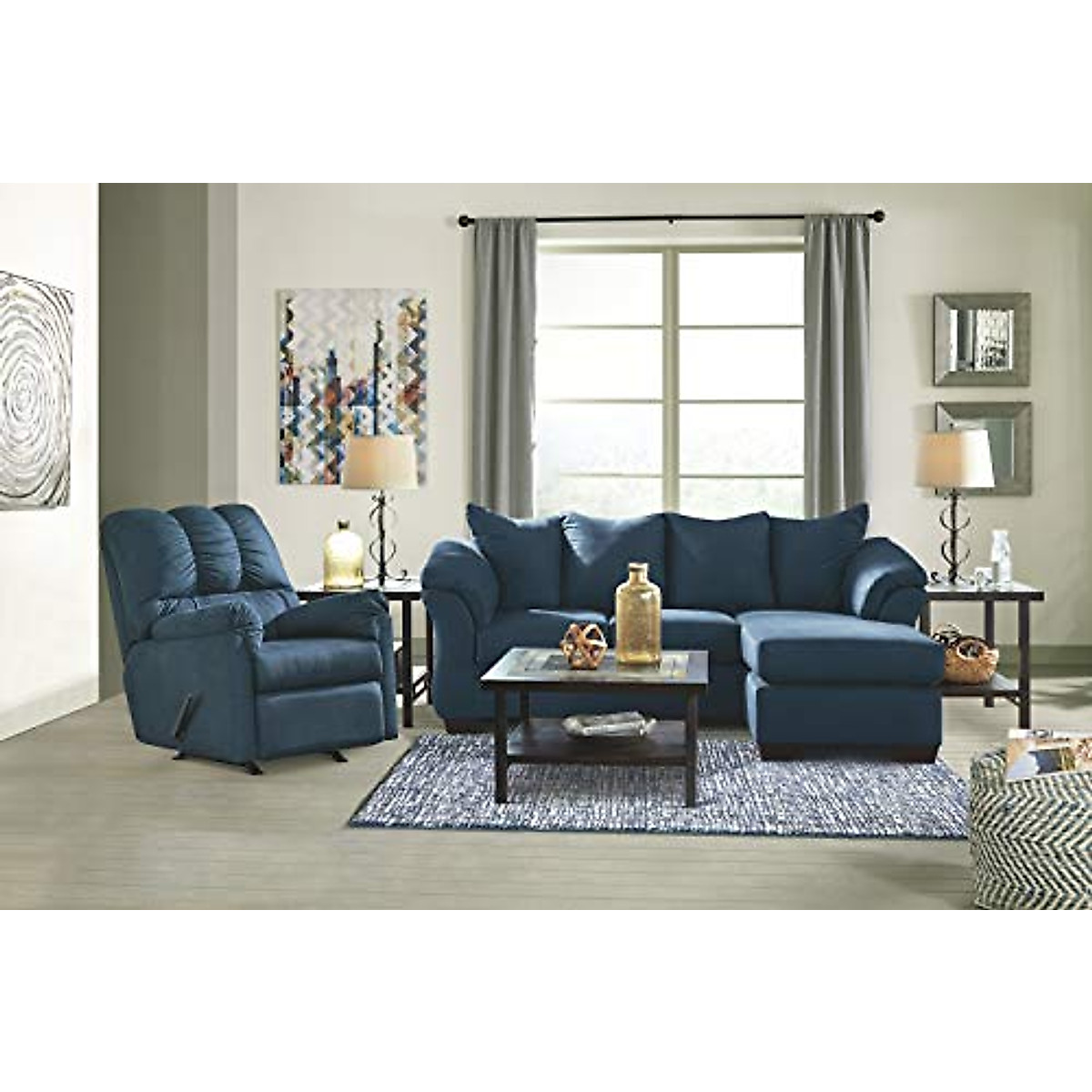 Signature Design by Ashley Darcy Casual Plush L-Shaped Reversible Sofa Chaise Chofa, Dark Blue