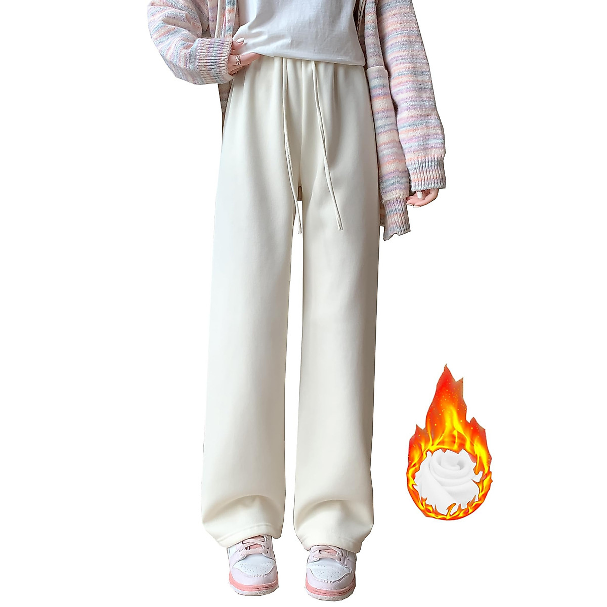 Kiench Teens Girls' Straight Leg Sweatpants Fleece Lined Baggy Joggers High Waisted Drawstring US Size 14-16/11-12 Years, Beige