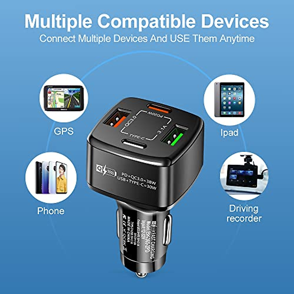 USB C Car Charger, 38W PD &QC3.0 Fast Charging 4 USB Car Charger Adapter, 30W USB-A +Type-C Multi Port Cigarette Lighter USB Charger Compatible with iPhone/Android/Samsung Galaxy S10 S9 Plus (Black)