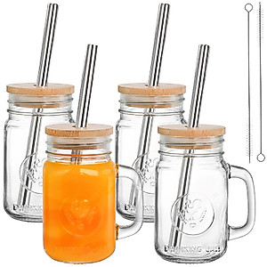 Hacaroa 4 Pack Glass Mason Jar Cups with Bamboo Lid and Straw, 16 Oz Regular Mouth Mason Mugs Drinking Glasses with Handle, Reusable Smoothie Cups for Cold Juice, Beverage, Coffee, Clear