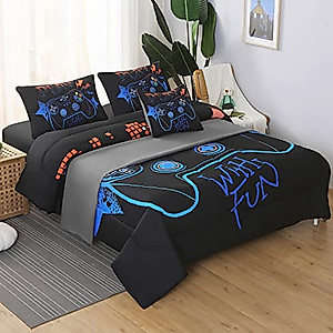 JQinHome Twin Gaming Comforter Sets for Boys,6 Piece Bed in A Bag 3D Video Game Bedding -All Season Soft Microfiber Gamer Bedding Sets for Kids, with Pillowcase, Flat Sheet, Fitted Sheet,Cushion Cover