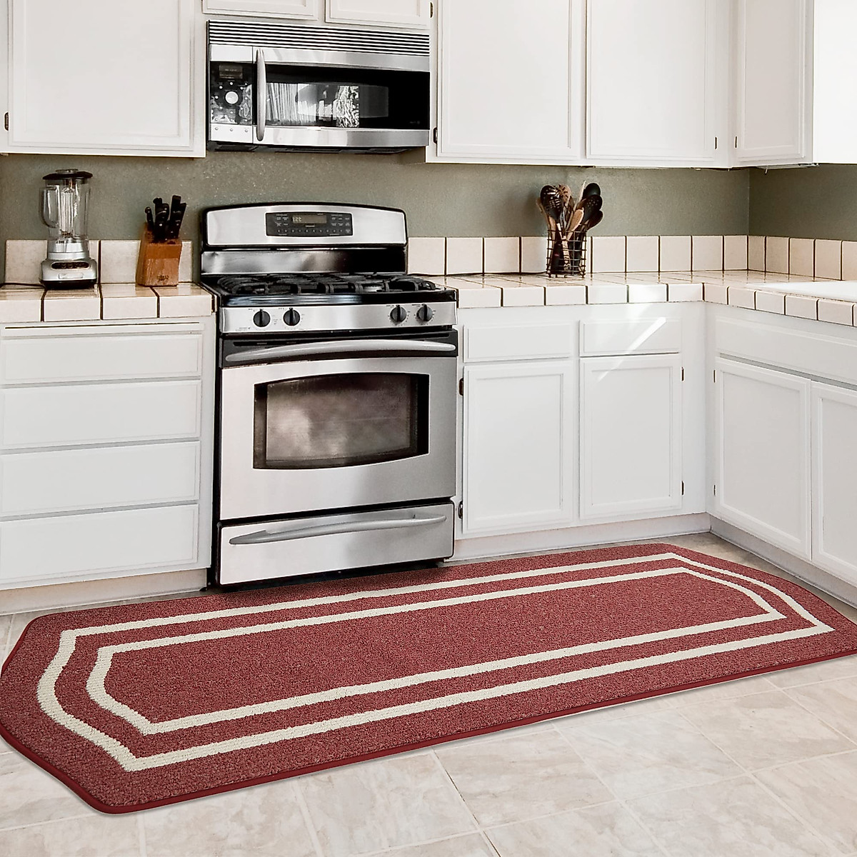 COSY HOMEER Long Kitchen Floor Mats for in Front of Sink Super Absorbent Kitchen Rugs and Mats 24"x79" Non-Skid Kitchen Mat Standing Mat Washable,Polypropylene,Red,Frame