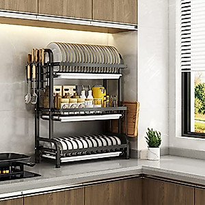 Dish Drying Rack, 3-Tier Large Capacity Kitchen Dish Rack Drainboard Set,Carbon Steel Dish Drainer Rack with Drip Tray & Utensil Holder, Cutting Board Holder and Dish Drainer for Kitchen (Black)