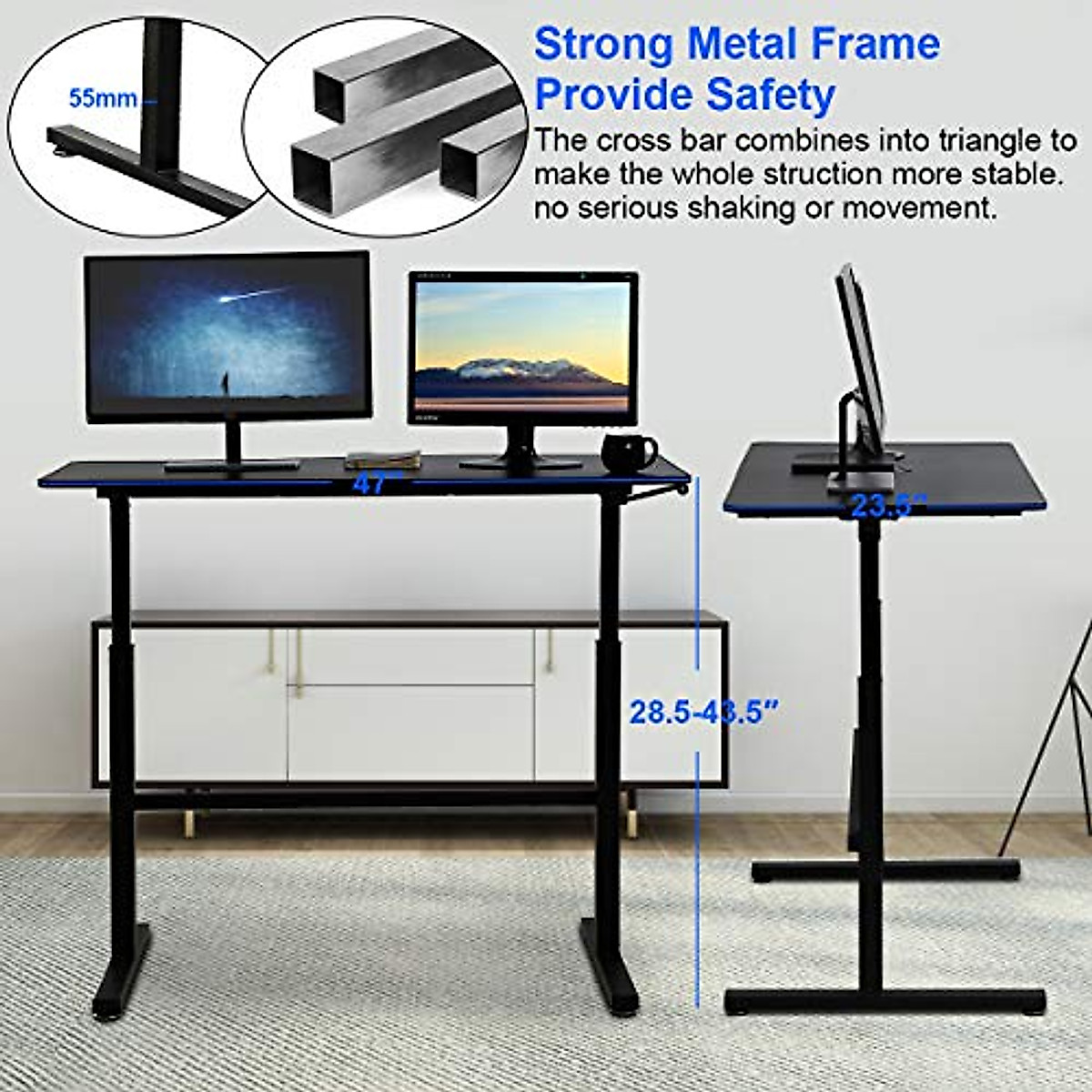 Standing Desk Height Adjustable Stand Up Desk Converter for Laptop Dual Monitors 47 Inches Large Desktop Sit to Stand Desk with Sturdy Frame, Ergonomic Home Office Computer Workstation, Black