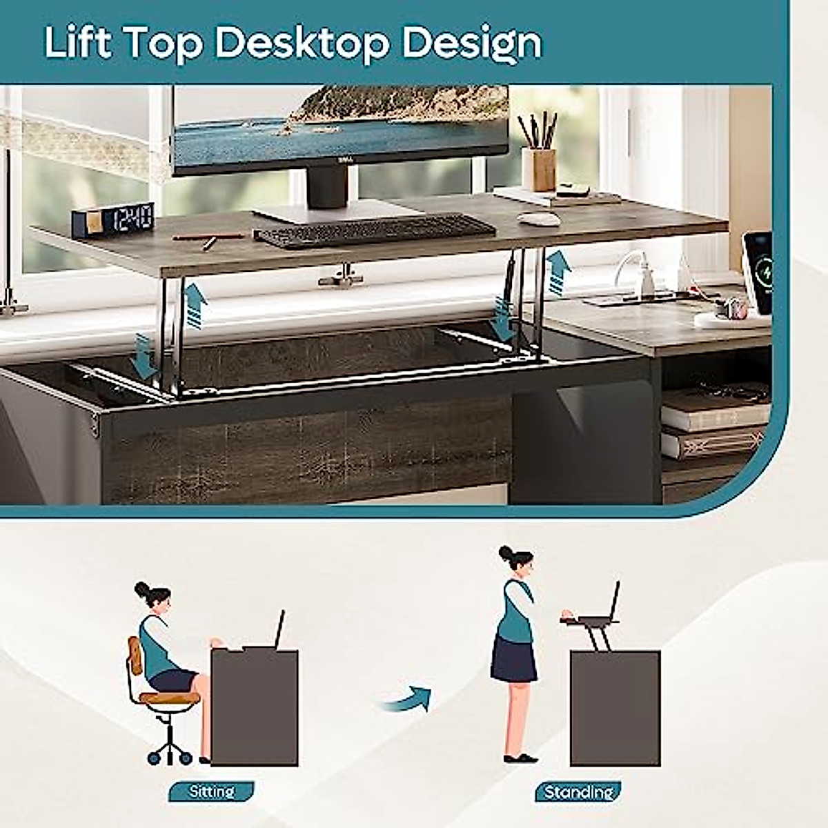 Bestier Lift Top Computer Desk with File Drawer, 60" Large Office Desk with Power Outlet USB Port Built in Writing Study Computer Table with Storage Workstation for Home Office Bedroom, Gray