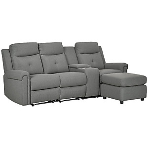 HOMCOM L-Shaped Sofa, Manual Reclining Sectional with Chaise Ottoman, Storage Console, Cup Holders, USB Charging, Gray