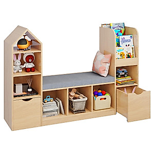 Halitaa Kids Bookcase and Bookshelf with Reading Nook, Toy Storage Organizer for Kids, Oak Bookcase with 7 Storage Cubbies 2 Movable Drawers and Seat Cushion for Kids Room, Playroom, Bedroom