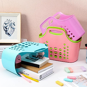 Nuogo 10 Pack Assorted Multicolor Basket with Handles Plastic Oval Carry Totes with Handles Caddy Multipurpose Organizer Reusable for Bathroom Dorm Communal Showers Kitchen School, 10.6" x 6" x 10"