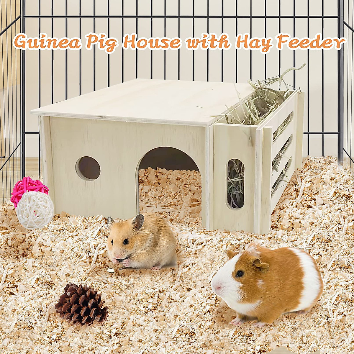 Acsist Guinea Pig Wooden Hideout with Hay Feeder Hamster Wood House Detachable Small Animal Hideouts for Chinchilla Dwarf Rabbit Hamster Hut Hedgehog