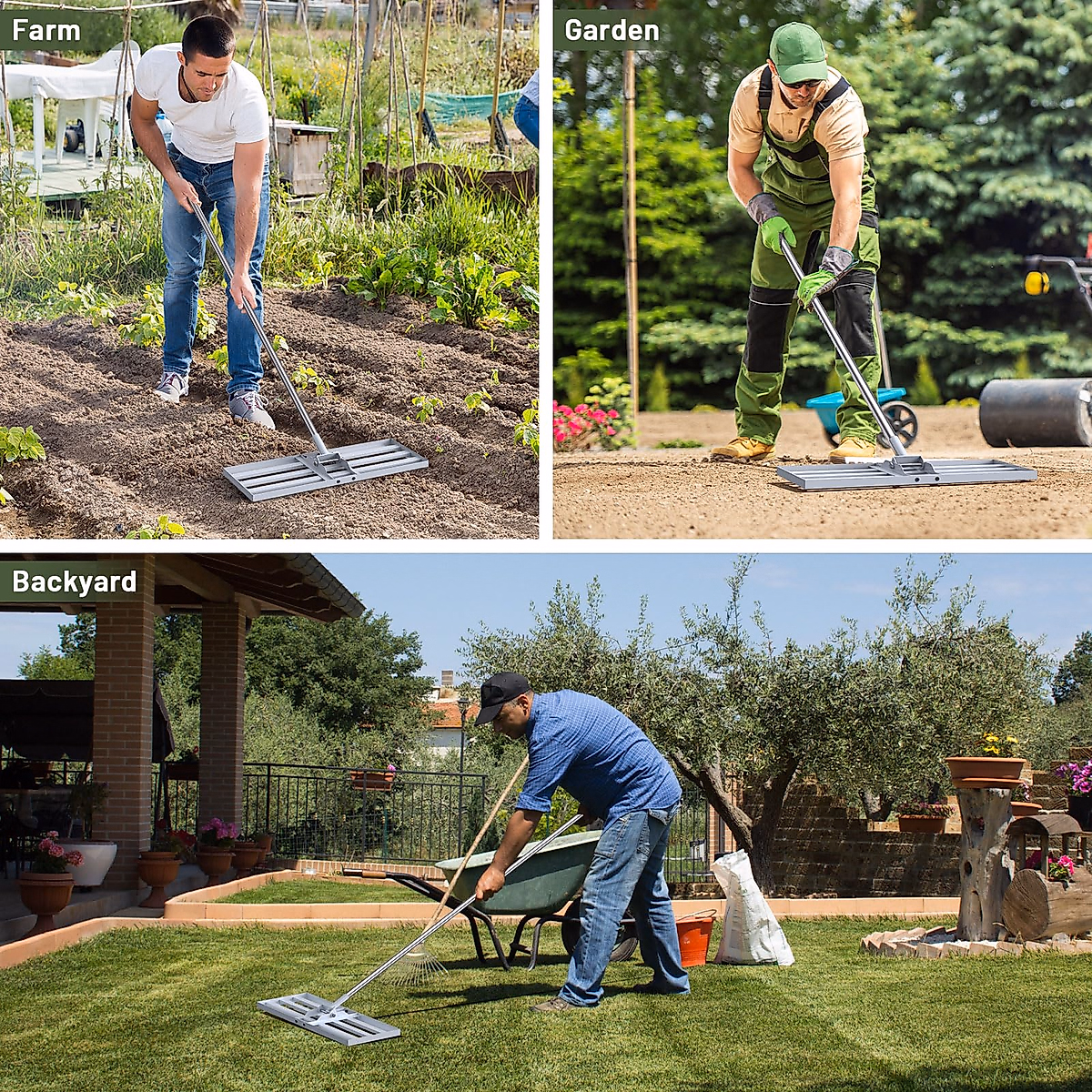 Sunvigor Lawn Leveling Rake, 30" x 10" Ground Plate with 6FT Adjustable Extra Long Handle Stainless Steel for Yard Garden - Heavy Duty Effort-Saving Leveling Soil Sand Spreading Dirt Top Dressing