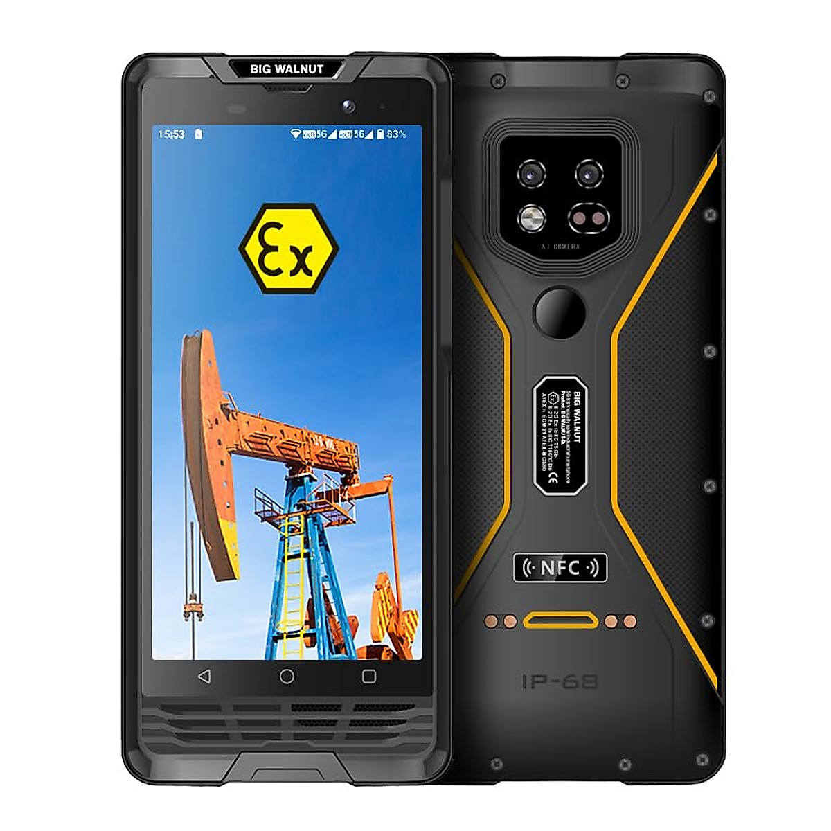 Big Walnut B2 Rugged Smartphone(2023), eSIM Dual 5G 8GB+256GB Rugged Phone Unlocked, 5.5" FHD+ Rugged Cell Phone, Android 12, 64MP Camera, 24MP Night Vision, NFC ATEX Smartphone（Yellow）