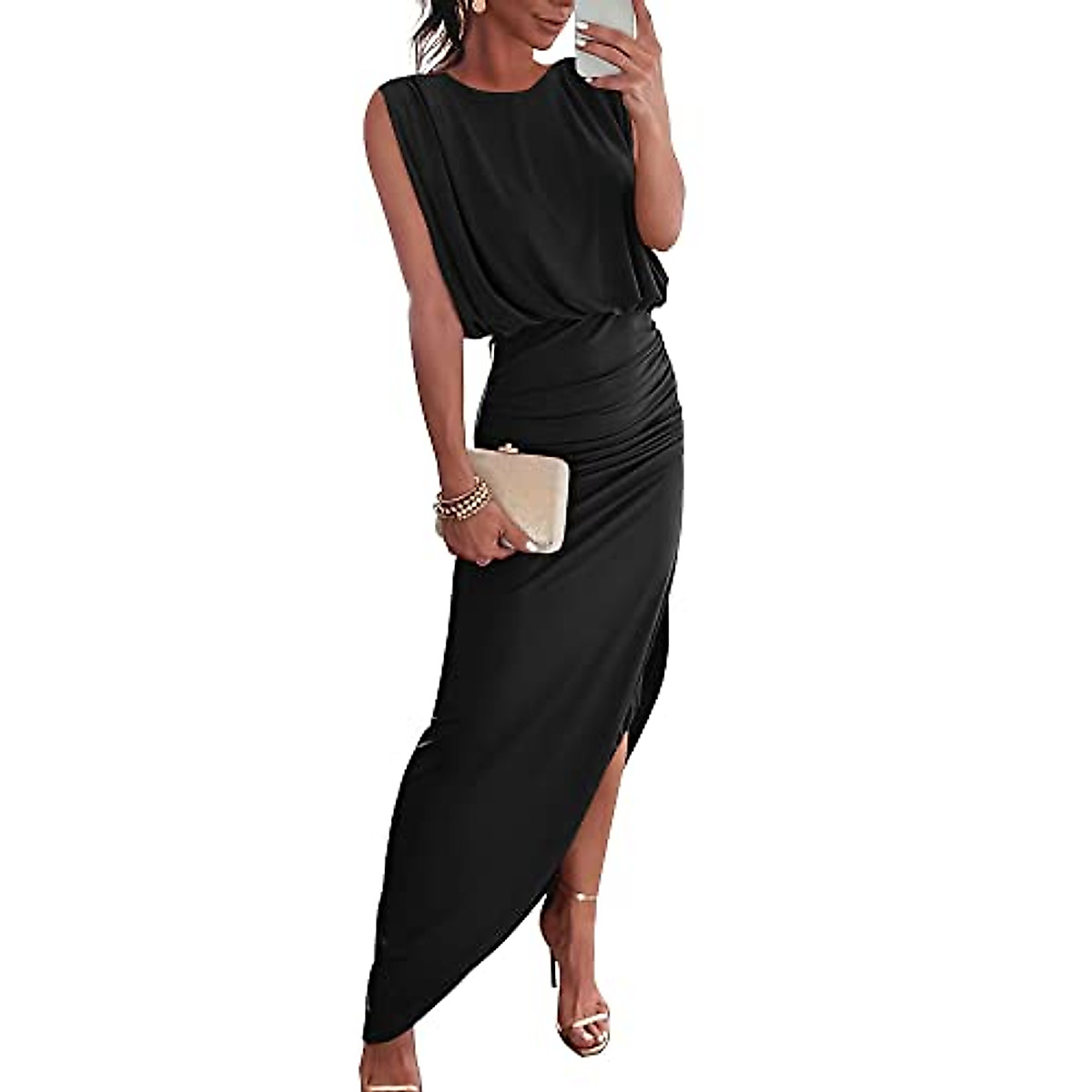 BTFBM Women Sleeveless Ruched Bodycon Dress 2023 Summer High Waist Asymmetrical Slit Formal Party Cocktail Maxi Dresses(Solid Black, Medium)