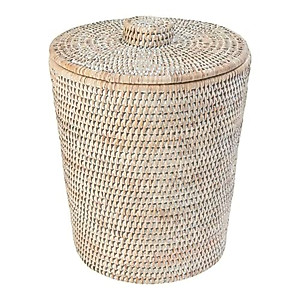 KOUBOO La Jolla Rattan Round Waste Basket With Lid & Plastic Insert, 2 Gallon Woven Wastebasket for Bathroom, Kitchen, Office, Living Room, & Home Decor, White Wash