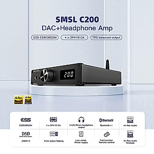 SMSL C200 Balanced Headphone Amplifier, XMOS ES9038Q2M HiFi DAC Amp, USB/Bluetooth/OPT/COAX to RCA/TRS Balanced Out, 4.4mm/6.35mm Jack DSD512 32Bit/768kHz Desktop Home Audio Amp for Switch XBOX PS5