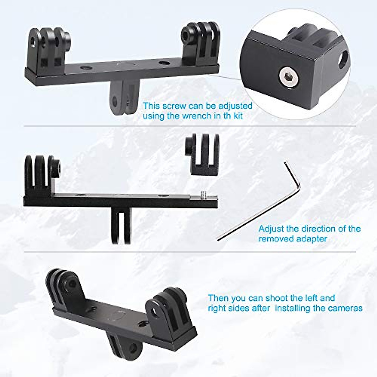 Aluminum Dual Twin Mount Adapter with Two Screw for GoPro Hero 11/10/9/8/7/(2018)/6/5 Black, 4 Session, Campark, AKASO, SJCAM, DJI Osmo Action Cameras - Suitable for Camera Housing Handheld monopod