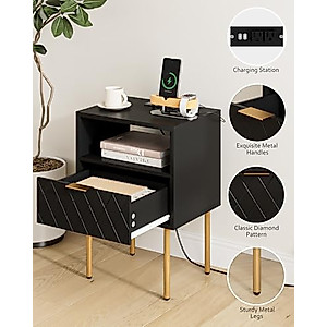 Masupu Nightstand with Charging Station,Mid-Century Modern Bedside Table with Storage Drawer and Open Wood Shelf,Small Gold Frame Side Table for Bedroom,Living Room(Black)