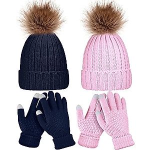 4 Pieces Winter Hat and Gloves Set Women Beanie Hat Gloves Skull Cap Touchscreen Gloves for Women Girl Lady Couple (Navy Blue, Pinkish Pink)