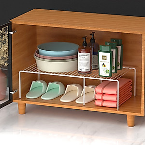 Redrubbit Cabinet Storage Shelf Rack, 4 Piece Expandable Metal Rustproof Kitchen Counter and Cabinet Shelf, Storage Rack Organizer Space Saver for Kitchen, Fridge, Cabinet, Bathroom, White, Set of 2