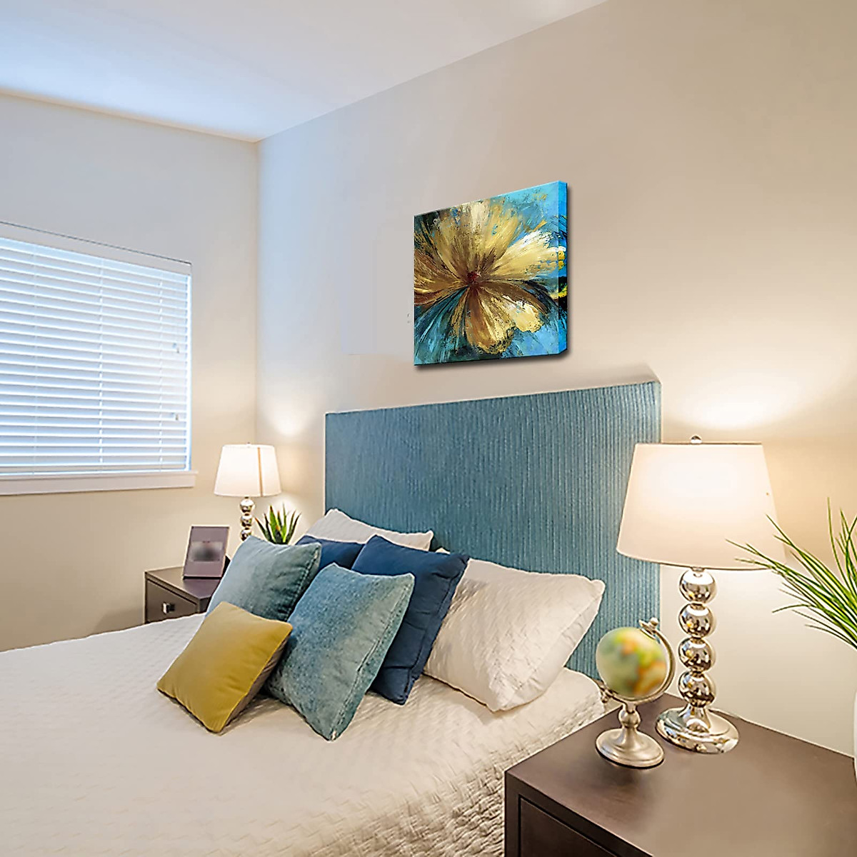 Biuteawal - Modern Canvas Flower Wall Art Abstract Gold Floral Blue Background Paintings on Canvas Still Life Artwork for Home Kitchen Living Room Bedroom Decorations Wall Decor