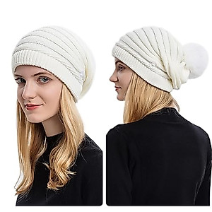 White Womens Winter Knitted Beanie Hat with Plush Ball Warm Knit Cap Beanie for Women Fedora Hat Beanies Y2k Balaclava Women Fall Winter Cap for Men