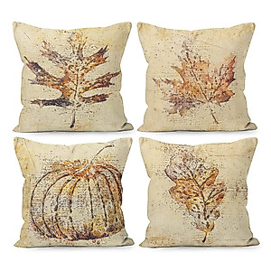Liosei Fall Pillow Covers 18x18, Rustic Pumpkin Fall Maple Leaves Harvest Linen Throw Pillow Covers Set Of 4, Farmhouse Fall Autumn Thanksgiving Gifts For Home Room Bedroom