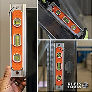 Klein Tools 9319RETT Level, 9-Inch Magnetic Aluminum Torpedo Level with 0/45/90 Degree Vials and V-groove, Tapered Nose