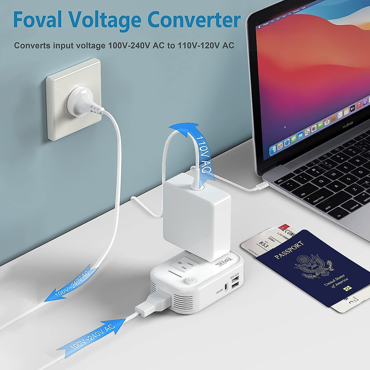 220V to 110V Converter Travel Adapter: FOVAL [Upgraded] International Step Down Power Converter for Hair Straightener/Curler with 18W USB-C Port Outlet Voltage Converter US to Europe Italy UK AU Plug