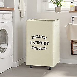 WOWLIVE Large Rolling Laundry Basket Wheels 90L Collapsible Tall Laundry Hamper Handle Foldable Dirty Clothing Basket Fold up Rectangular Hampers for Laundry Dorm Room (Beige)